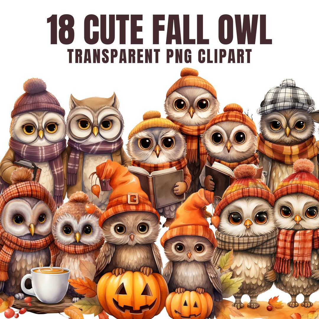 Fall Cute Owl Watercolor Clipart, Autumn Animal Clipart PNG, Pumpkin ...