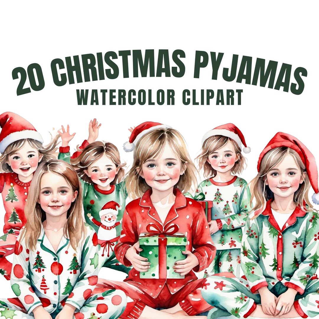 20 Cute Girl in Christmas Themed Pyjamas Watercolor Clipart ...