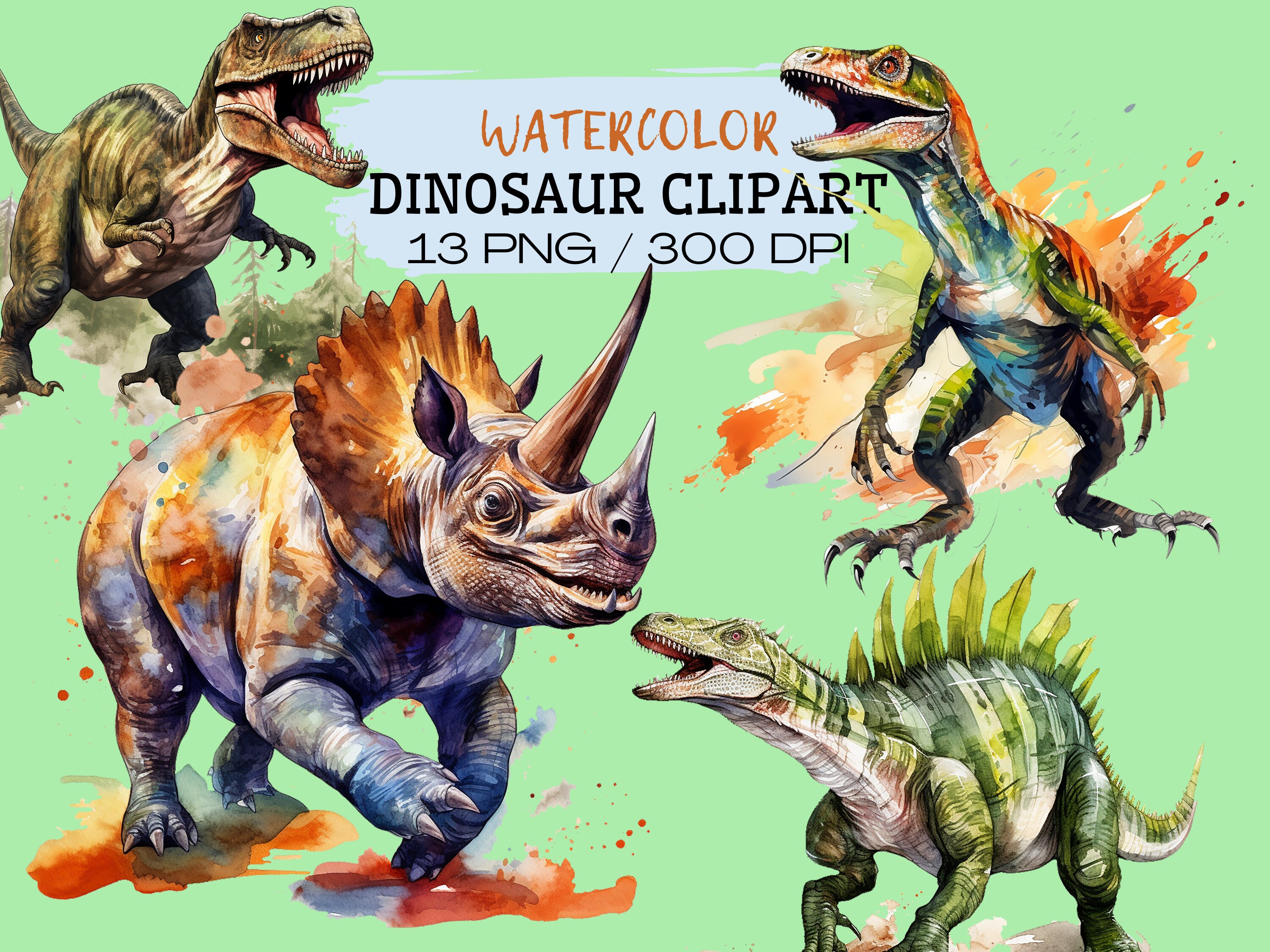 13 Watercolor Dinosaur Clipart, Transparent, Nursery Clipart, PNG ...