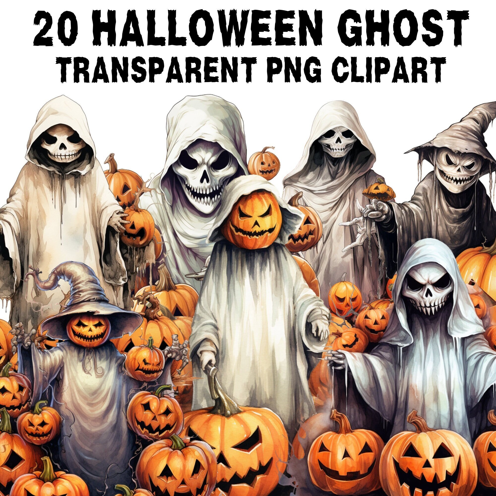 Halloween Ghost Pumpkin Watercolor Clipart, Halloween Witch Clipart PNG ...