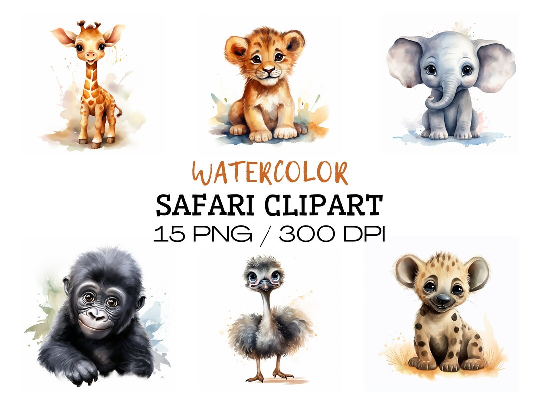 15 Watercolor Safari Baby Animals Clipart PNG, Digital Crafting, Paper ...
