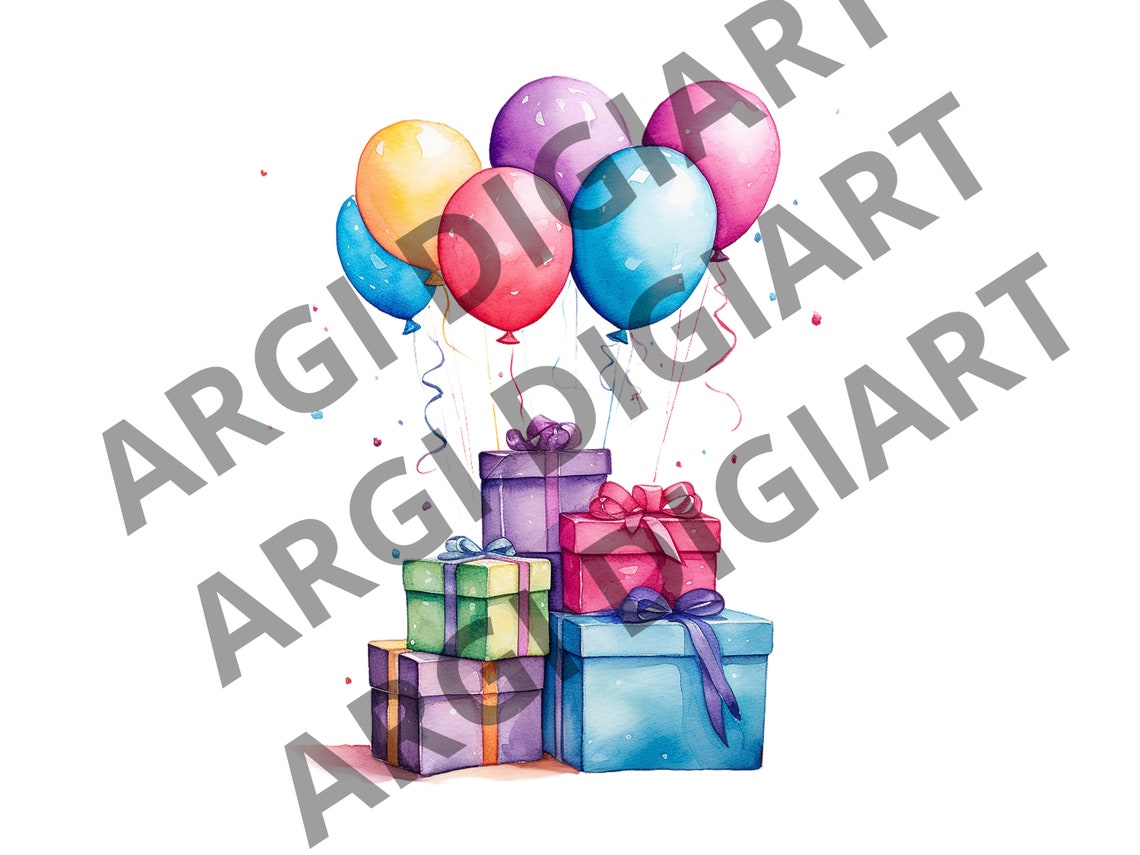 Watercolor Birthday Party Cake Present Balloons Clipart Bundle, 35 ...