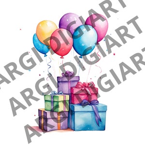 Watercolor Birthday Party Cake Present Balloons Clipart Bundle, 35 ...