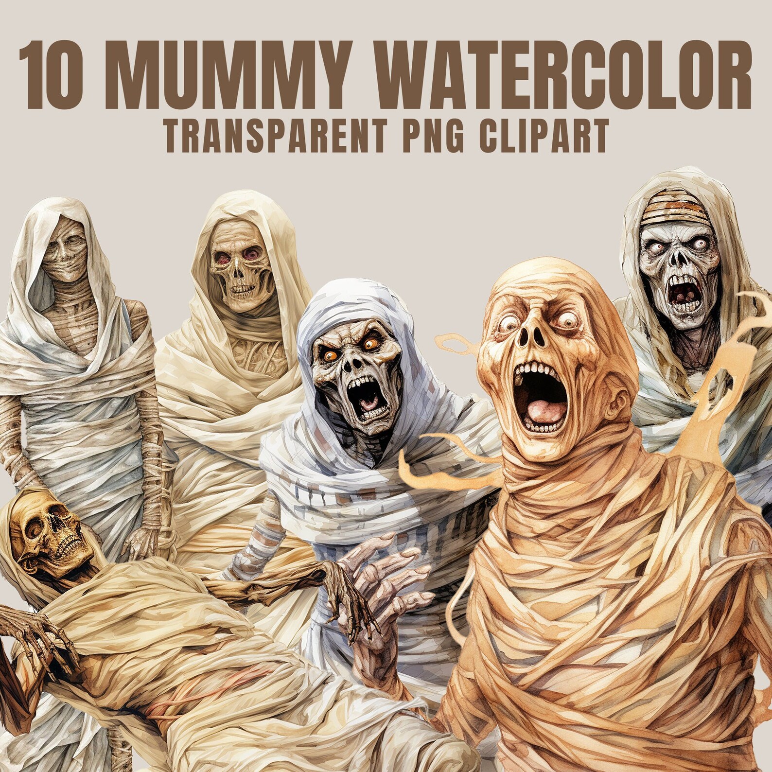 Scary Mummy Watercolor Clipart Bundle, Halloween Mummy PNG, Egyptian ...