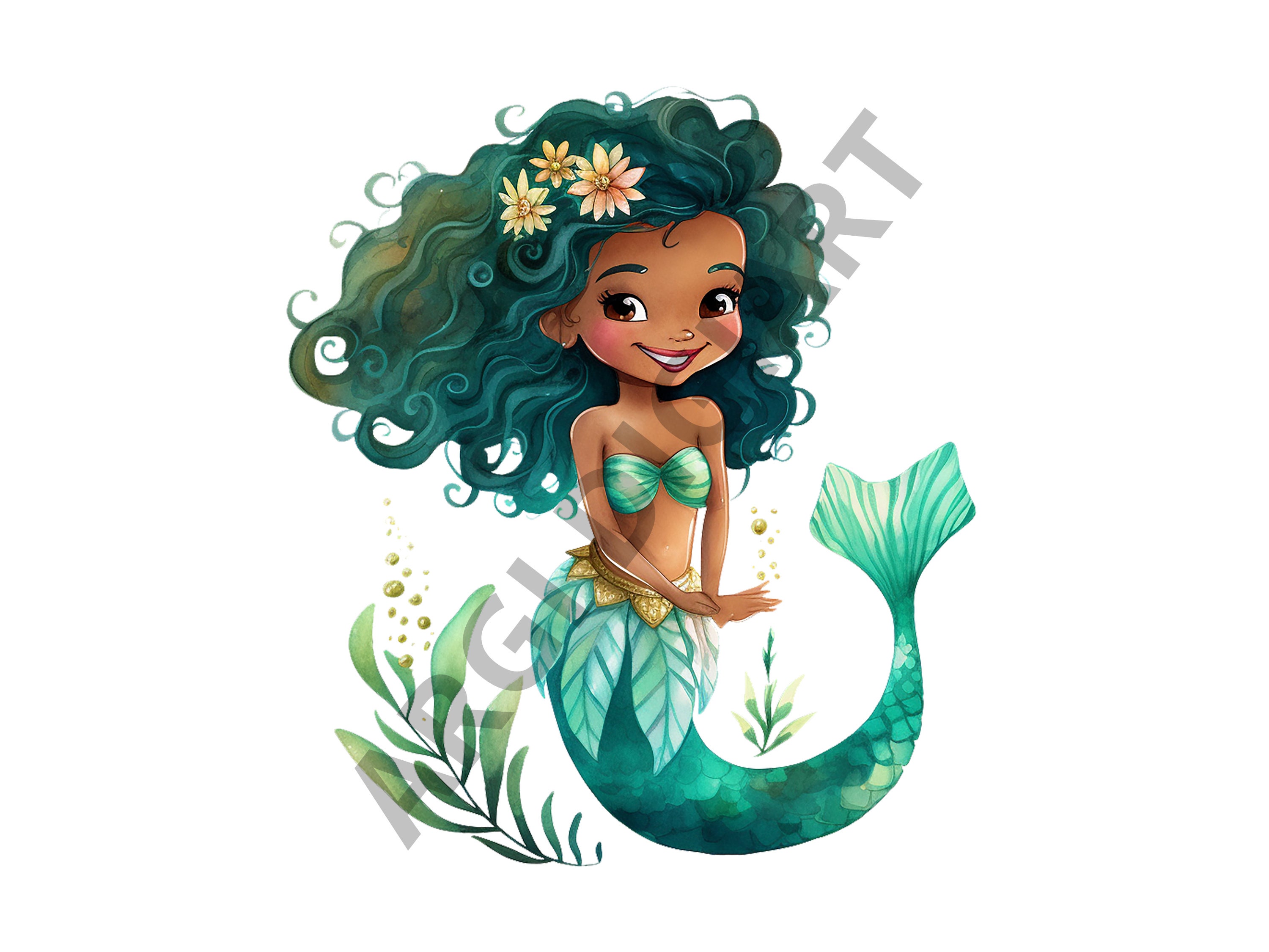 15 Watercolor Transparent Little Mermaid African American PNG Clipart ...