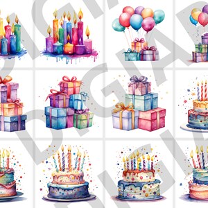 Watercolor Birthday Party Cake Present Balloons Clipart Bundle, 35 ...