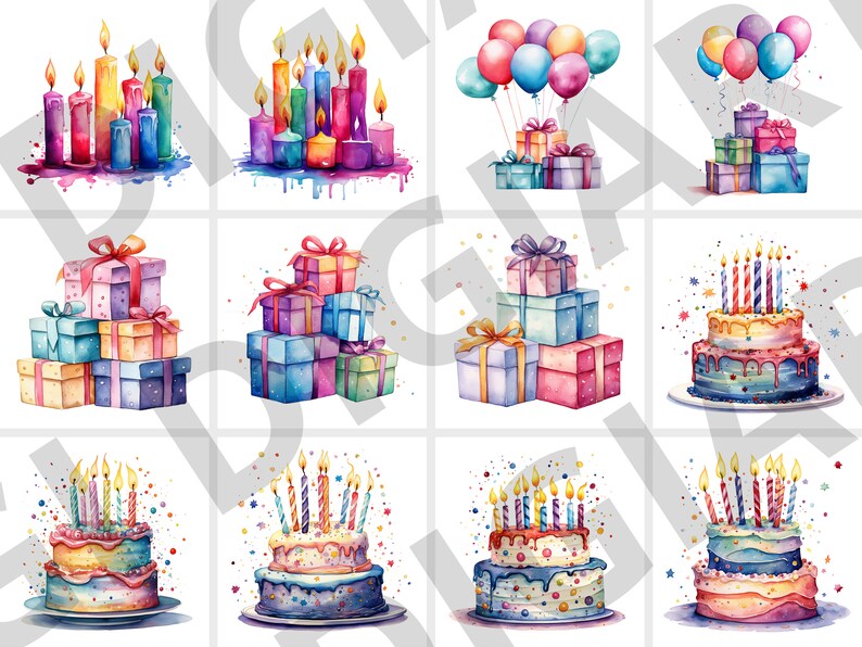 Watercolor Birthday Party Cake Present Balloons Clipart Bundle, 35 ...