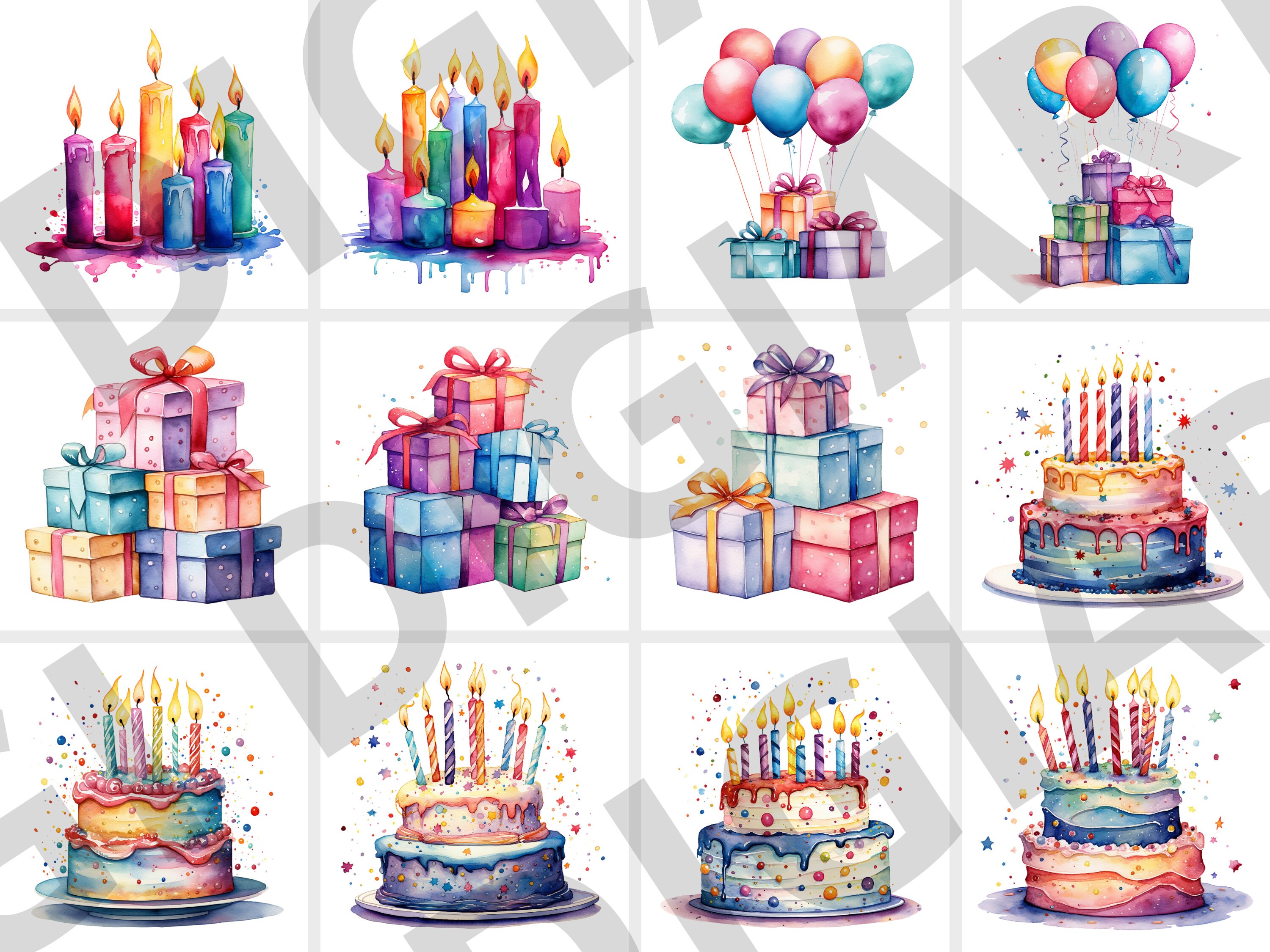 Watercolor Birthday Party Cake Present Balloons Clipart Bundle, 35 ...