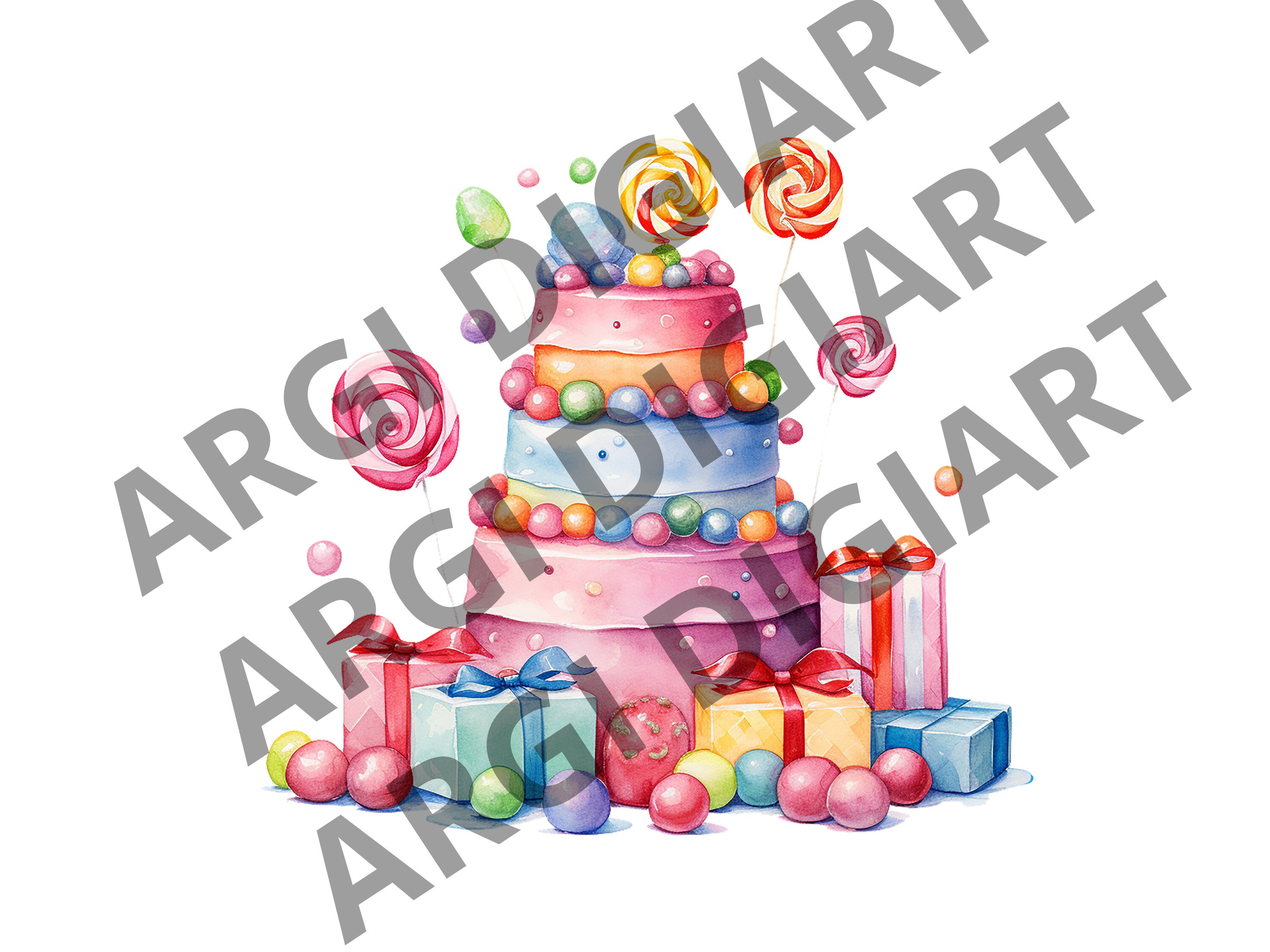 Watercolor Birthday Party Cake Present Balloons Clipart Bundle, 35 ...
