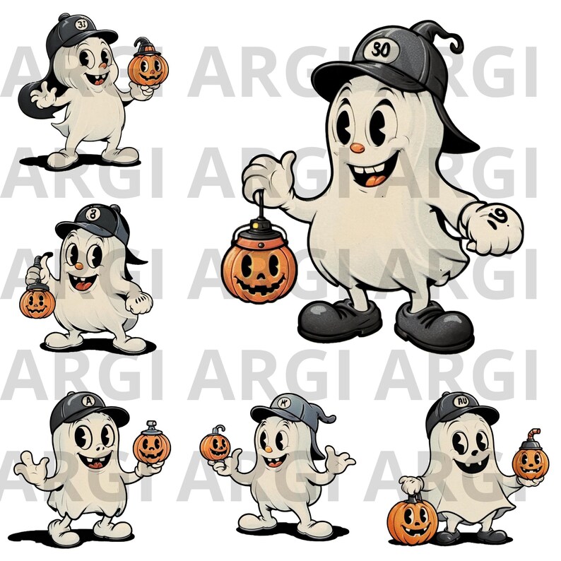 Retro Halloween Ghost Clipart Pack - 20 Vintage PNG Images - Cute Ghost ...
