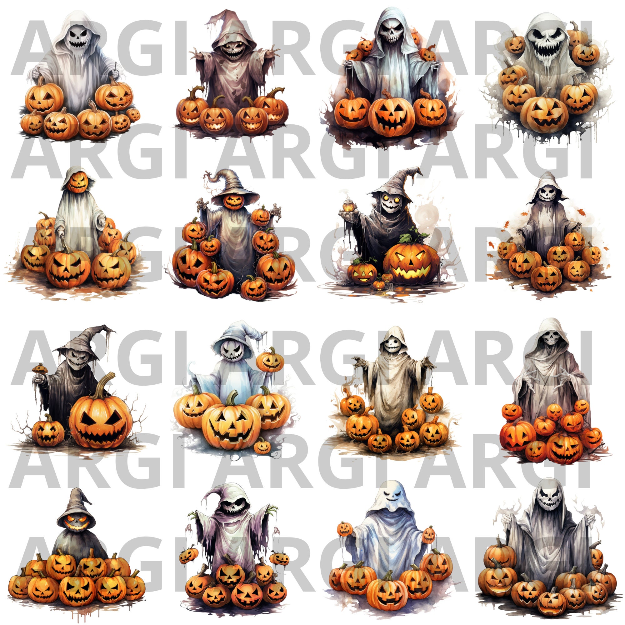 Halloween Ghost Pumpkin Watercolor Clipart, Halloween Witch Clipart PNG ...