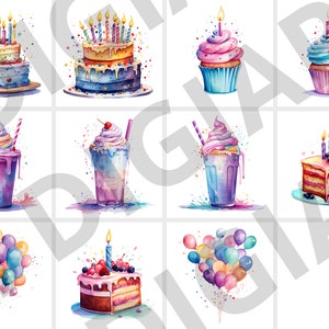 Watercolor Birthday Party Cake Present Balloons Clipart Bundle, 35 ...