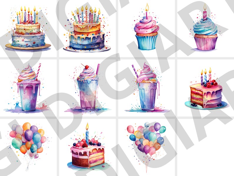 Watercolor Birthday Party Cake Present Balloons Clipart Bundle, 35 ...