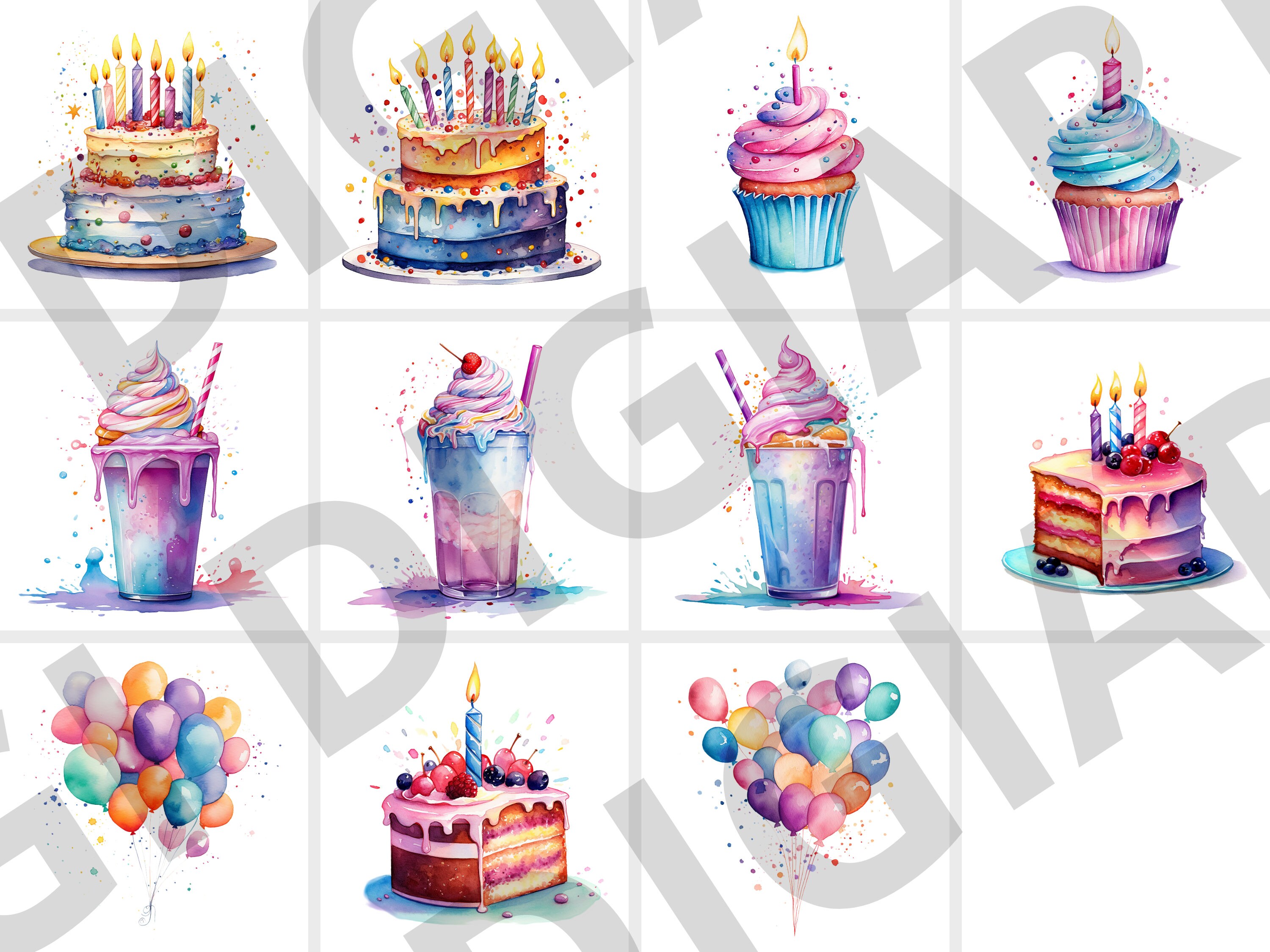 Watercolor Birthday Party Cake Present Balloons Clipart Bundle, 35 ...