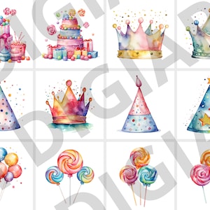 Watercolor Birthday Party Cake Present Balloons Clipart Bundle, 35 ...