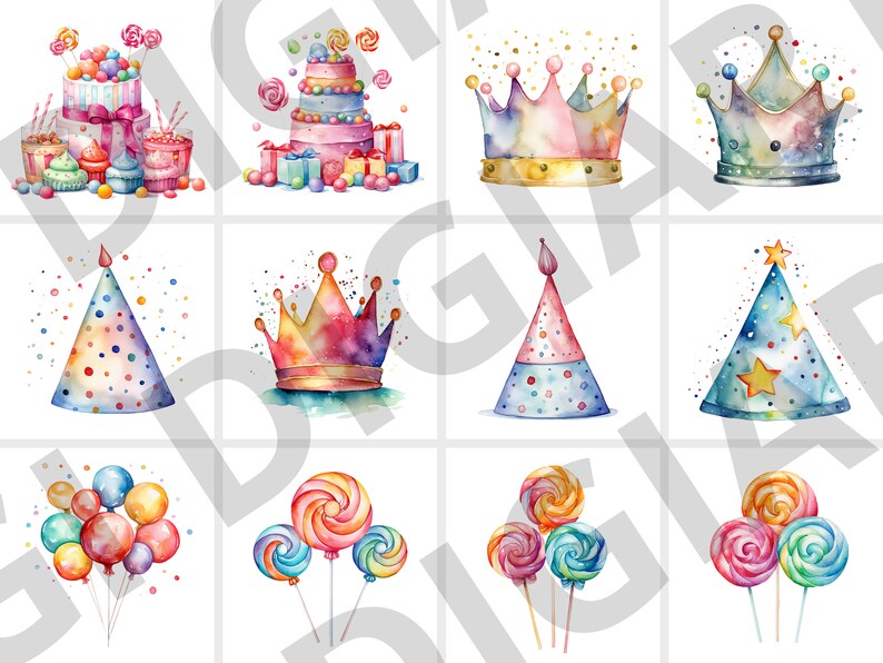 Watercolor Birthday Party Cake Present Balloons Clipart Bundle, 35 ...