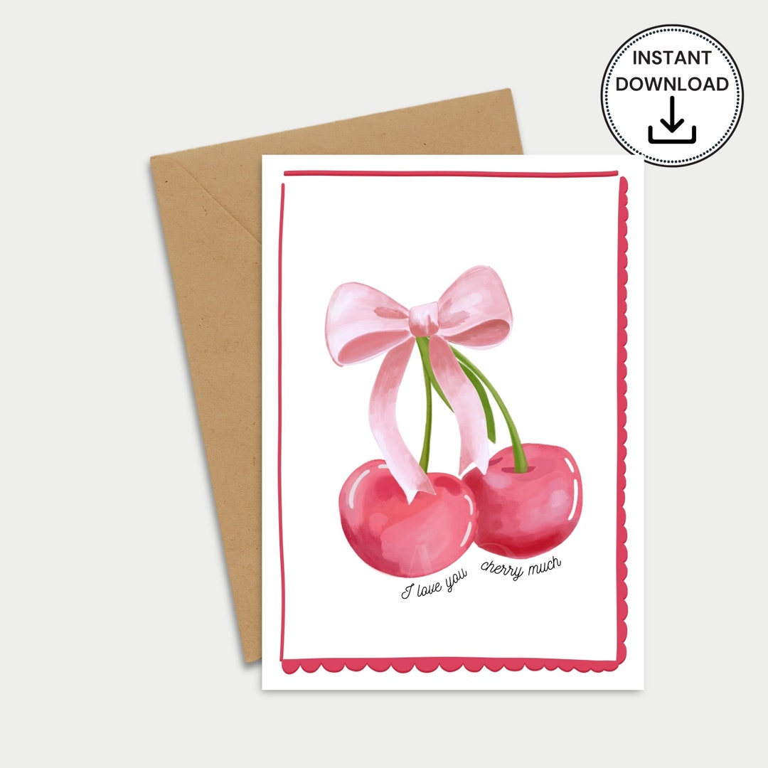 I Love You Cherry Much Greeting Card, Cute Cherry and Bow, Cherry Bow ...