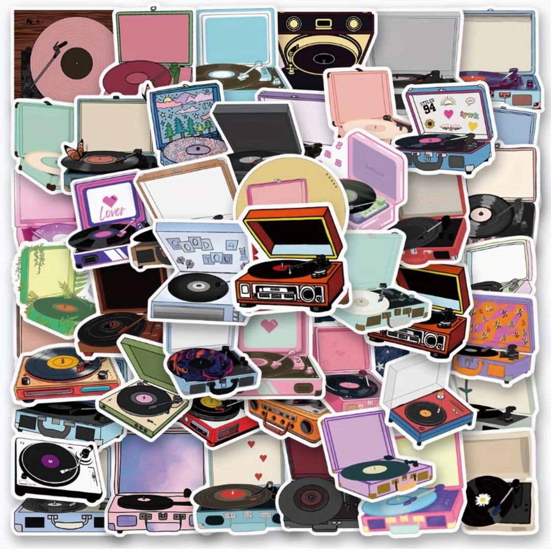 50 Piece Retro Record Player Sticker Pack – Vintage Music Vinyl Decals ...