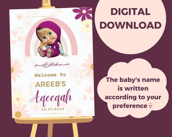 Editable Aqiqah Welcome Sign Digital Template, Customized Islamic Girl Birth Announcement ...