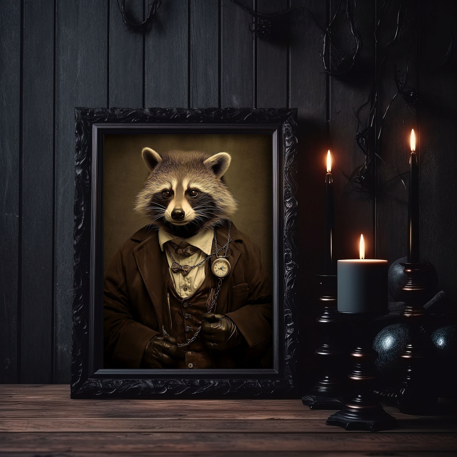 Raccoon With Pocket Watch Vintage Poster, Gothic Home Decor and Racoon ...