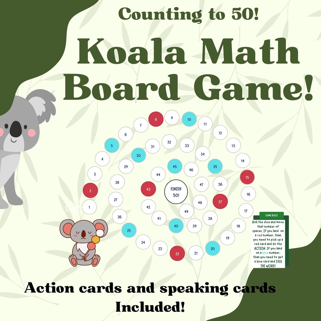 Koala Math Board Game! Counting to 50! K-2 Action Playing Cards ...