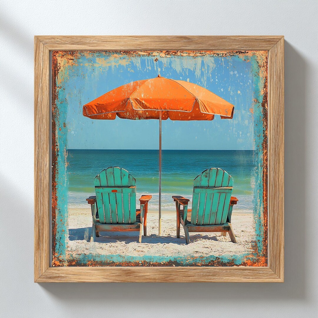 Vintage Beach Print Turquoise Chairs, Orange Umbrella (digital Download ...
