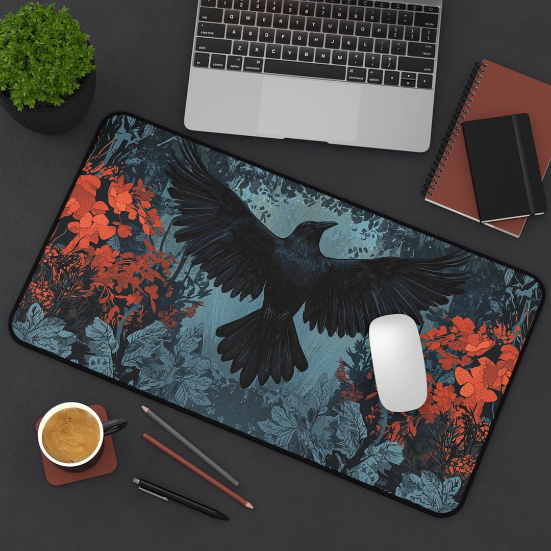 Raven Desk Mat: Medieval Blackbird, Cottagecore Wildflowers - Etsy