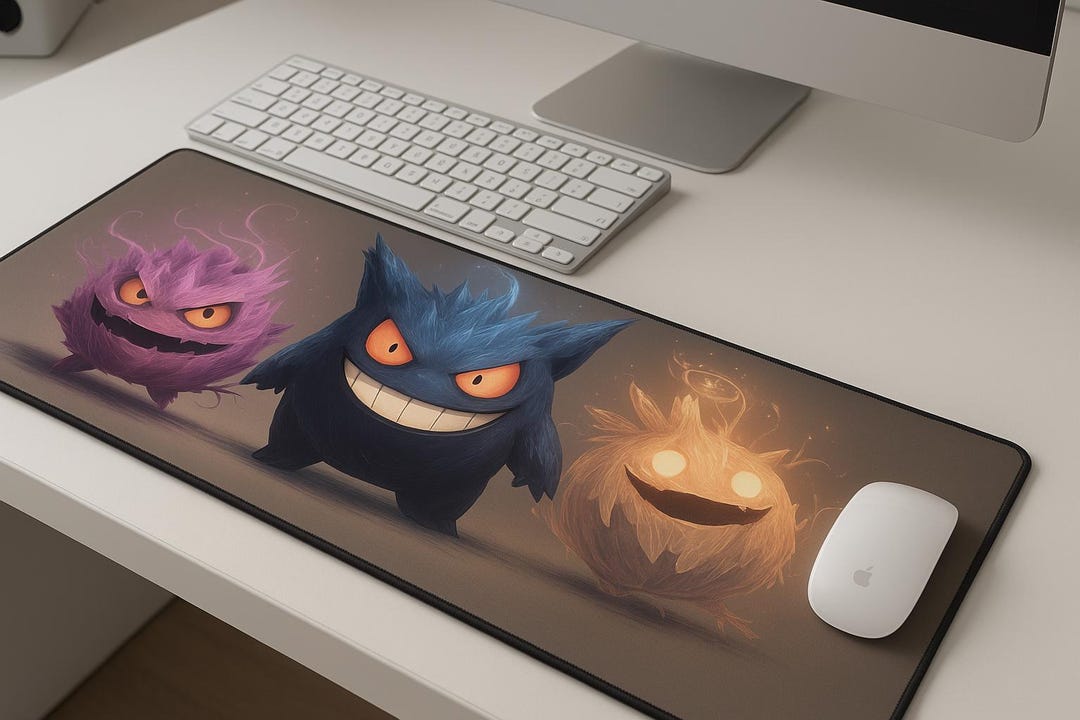 Ghost Pokemon Desk Mat - Shiny Gengar, Mimikyu, Pumpkaboo TCG Playmat for Tabletop Games, Gamer ...