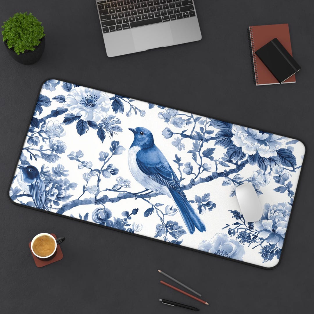 Chinoiserie Bird Desk Mat: Floral Blue Landscape Extra Large Mouse Pad ...