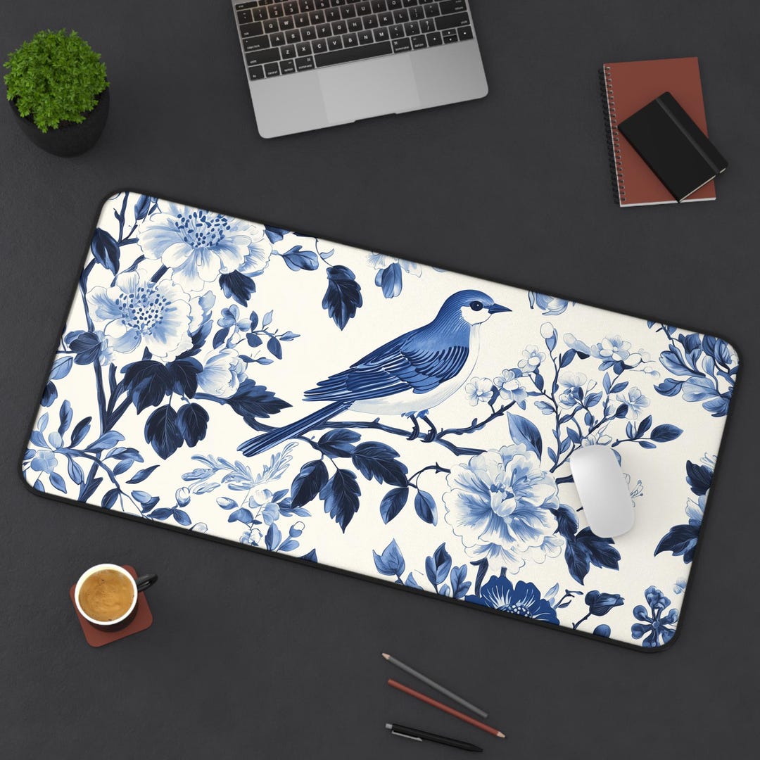Chinoiserie Bird Desk Mat: Floral Blue Landscape Extra Large Mouse Pad ...