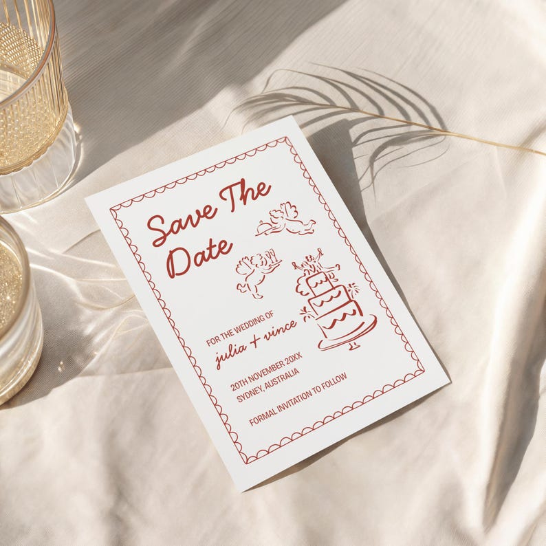 Red Save the Date Wedding Card Template, Editable Whimsy Save Our Date ...