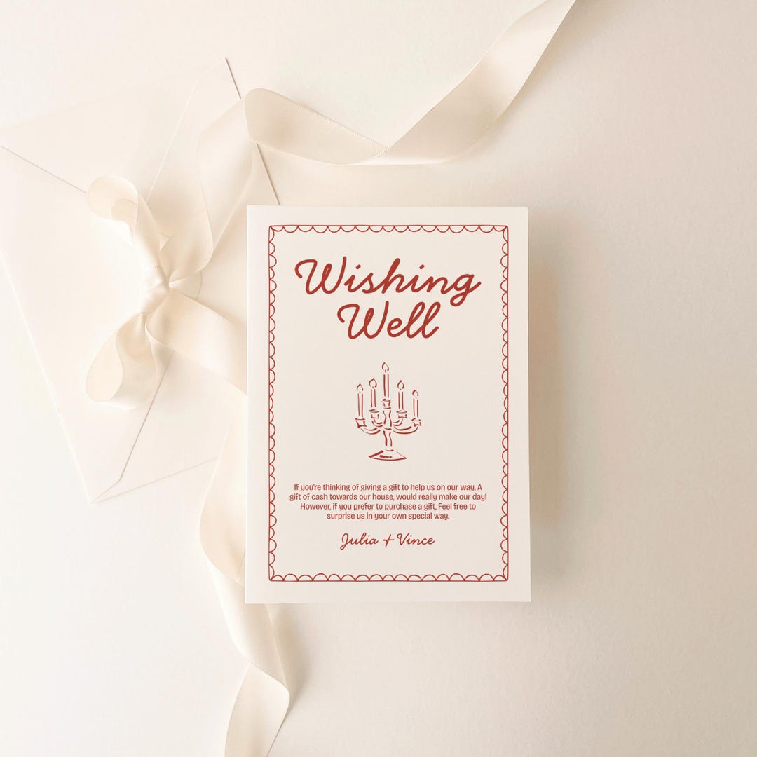 Whimsical Wishing Well Card Template, Red Honeymoon Fund Card, Fun ...