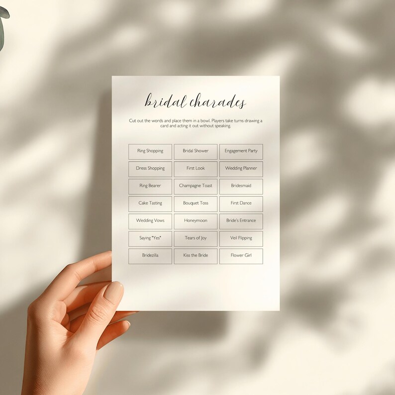 Minimalist Bridal Charades Game Template Printable Pictionary Activity ...