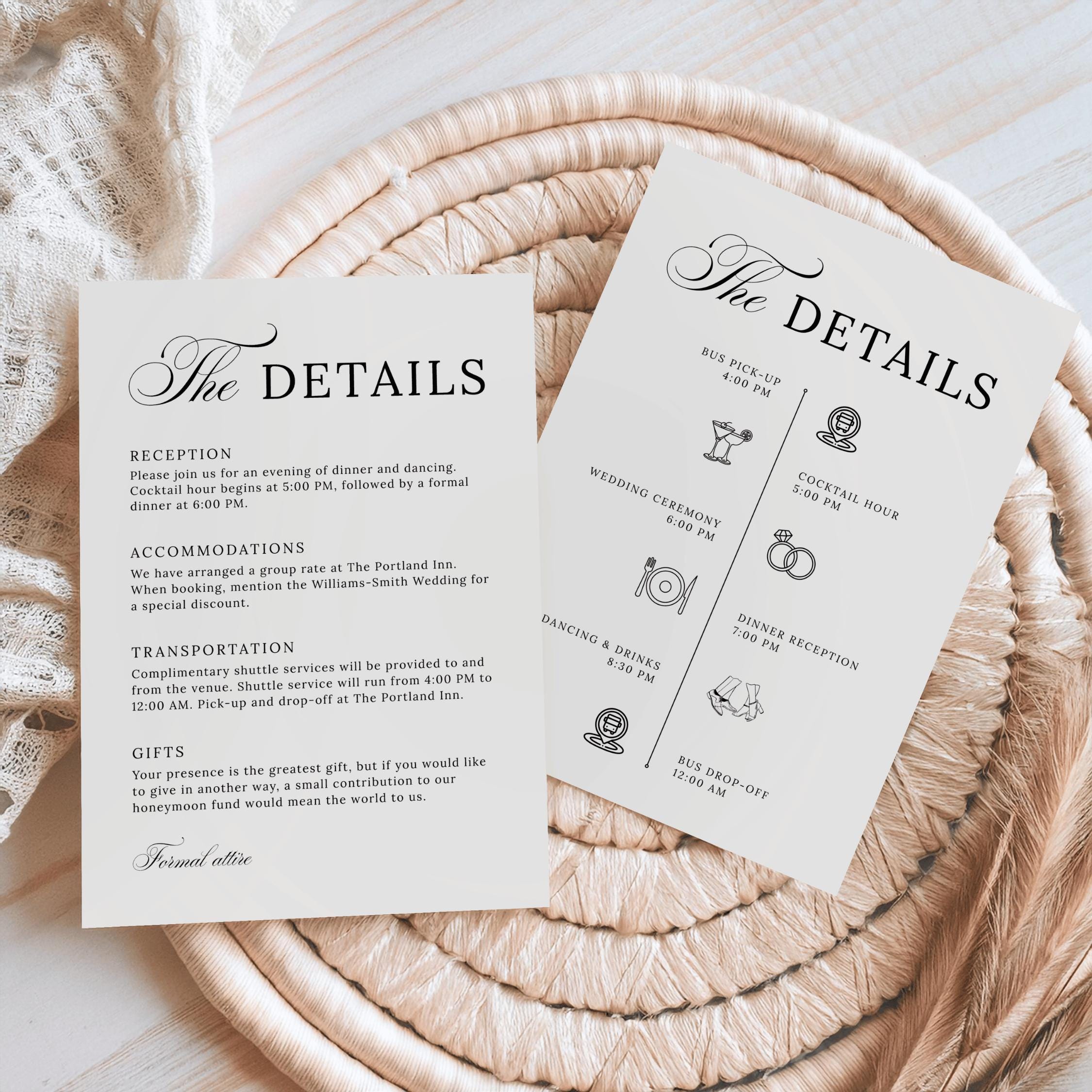 Minimalist Wedding Details Card Template, Editable Wedding Ceremony ...