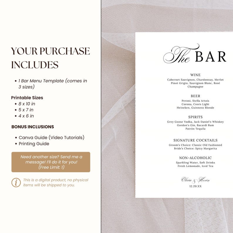 Classic Bar Menu Template, Modern Wedding Bar Drinks Sign, Printable ...