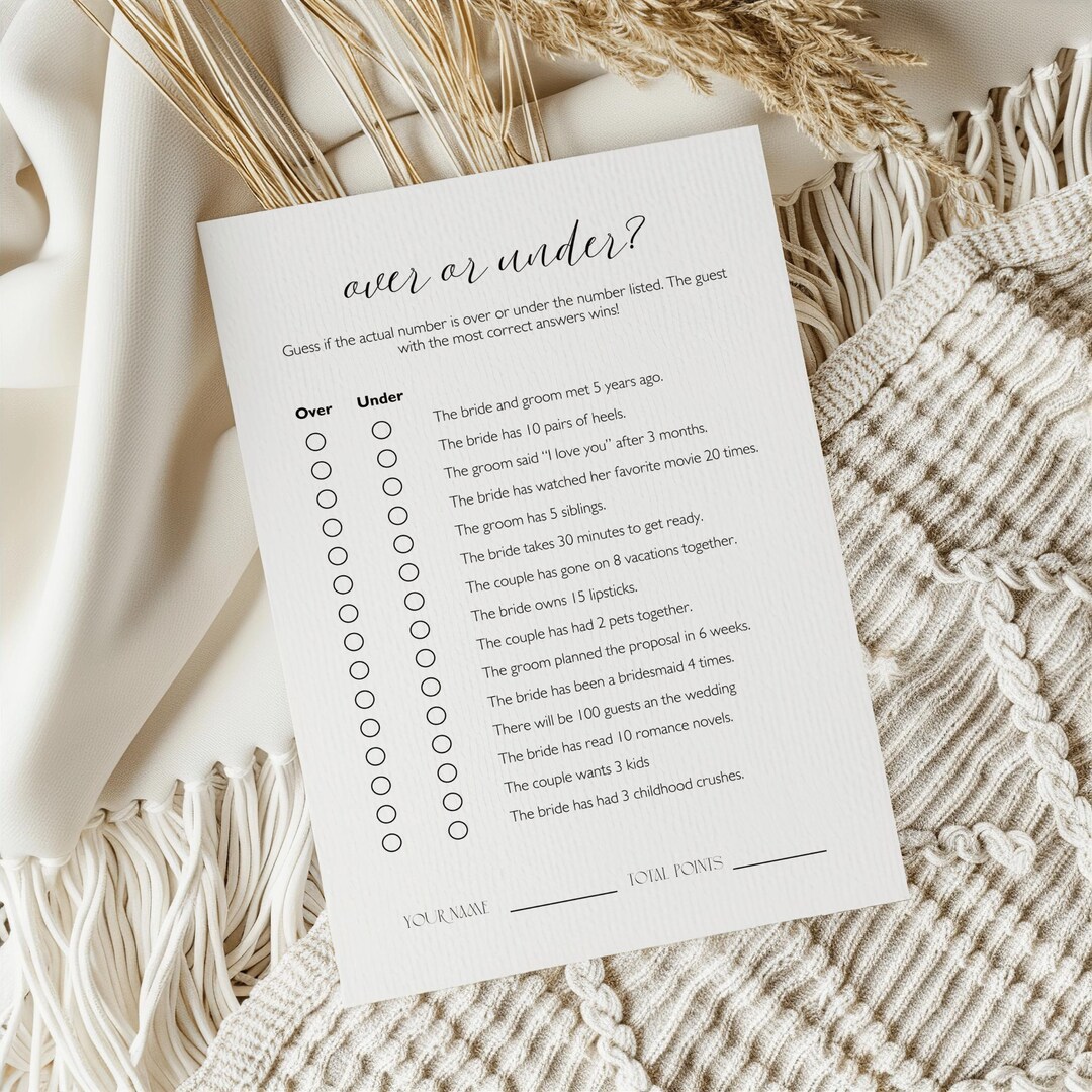 Over or Under Game Template Printable Classy Guessing Game Fun Bridal ...