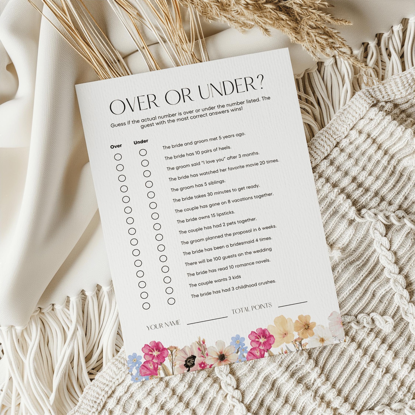 Over or Under Game Template Printable Floral Boho Guessing Game Fun ...