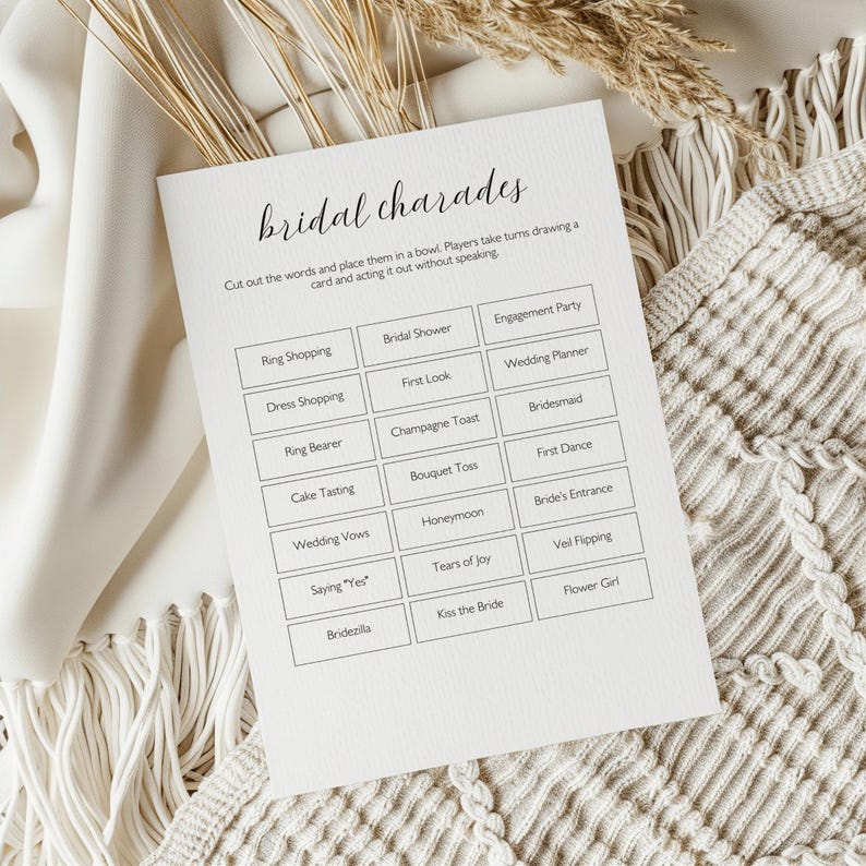 Minimalist Bridal Charades Game Template Printable Pictionary Activity ...