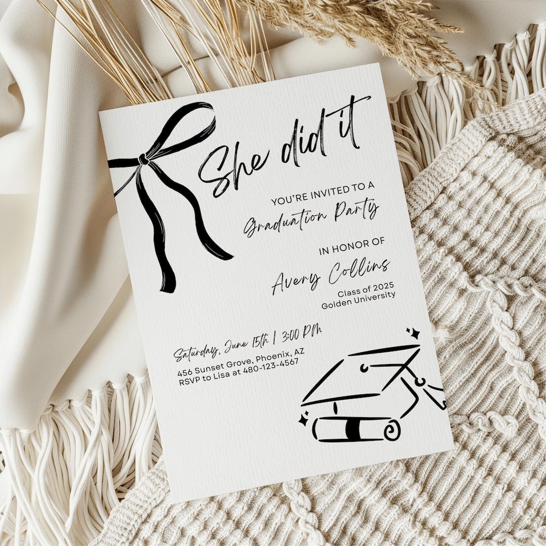 She Did It Graduation Party Invitation, Black Bow Grad Invite, Editable ...