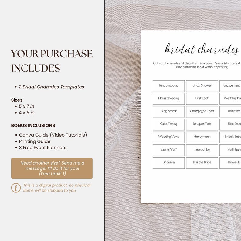 Minimalist Bridal Charades Game Template Printable Pictionary Activity ...
