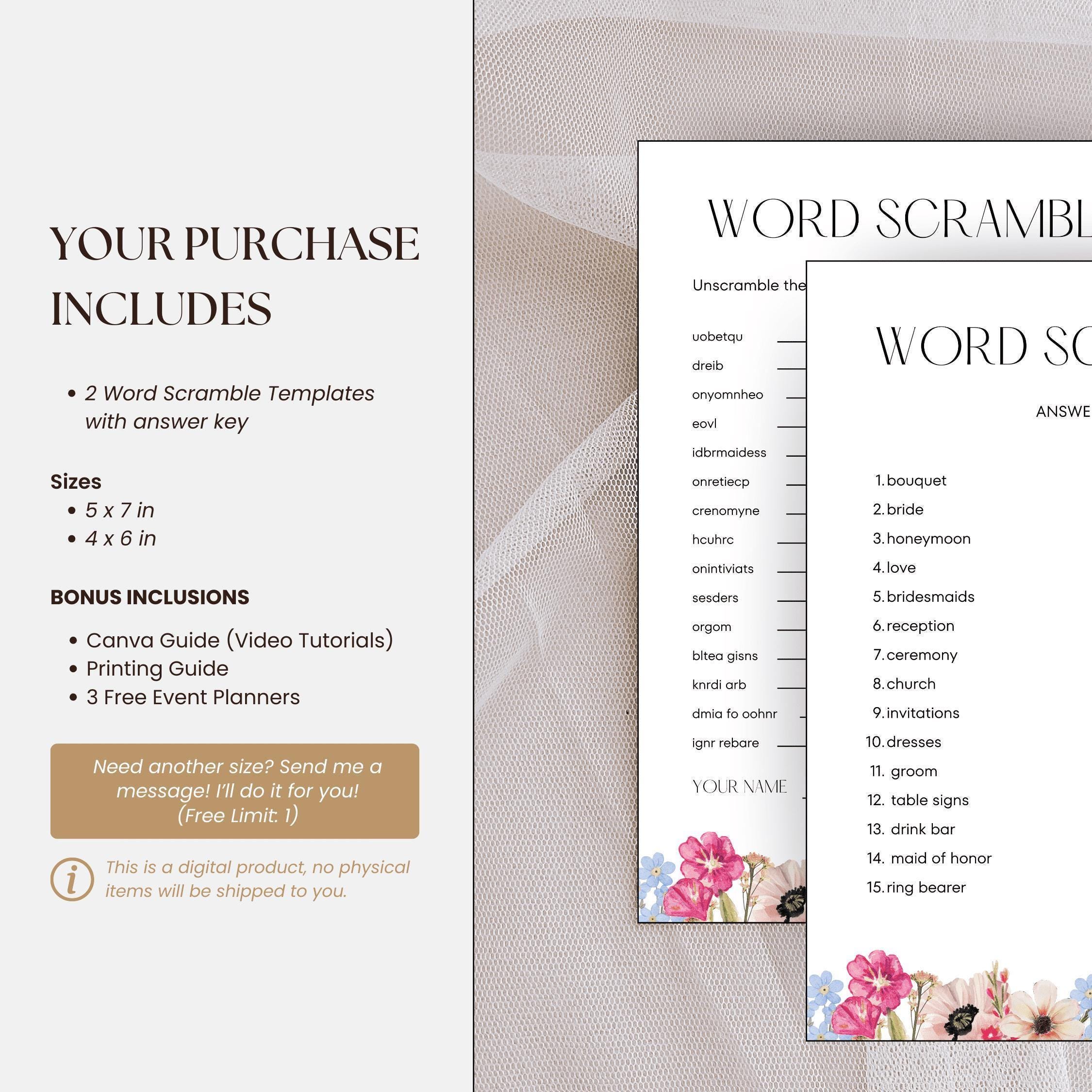 Wildflower Word Scramble Bridal Shower Game Template Printable Floral ...