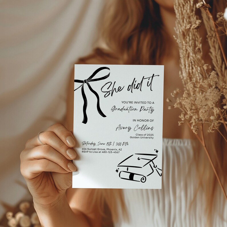 She Did It Graduation Party Invitation, Black Bow Grad Invite, Editable ...