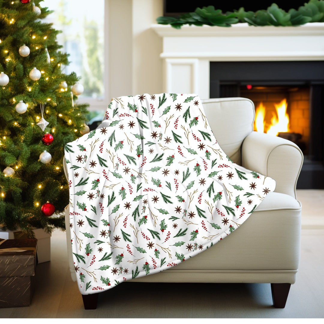 Holly & Star Anise Winter Pattern , Velveteen Minky Decorative Throw Blanket, Winter Solstice ...