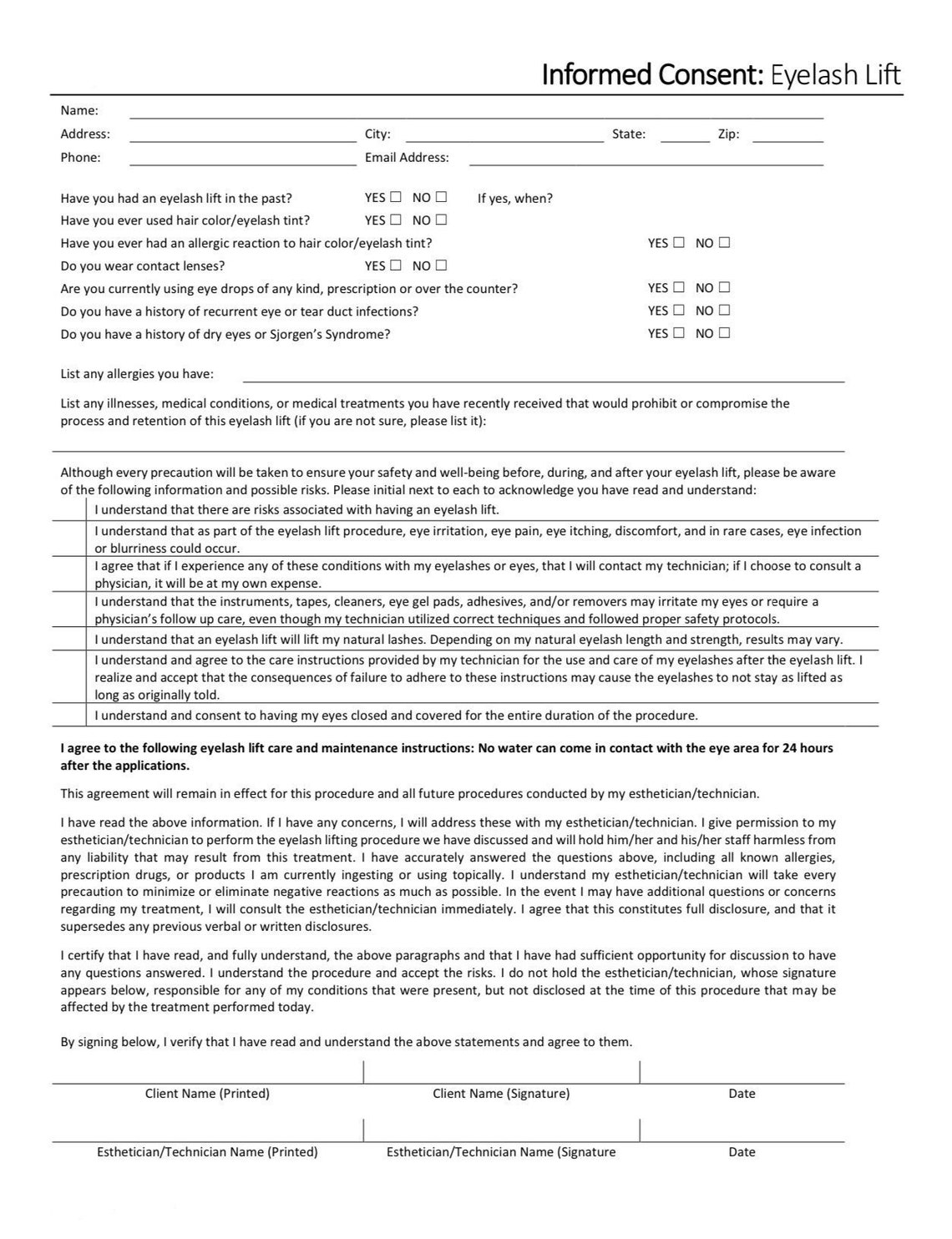 Eyelash Lift Consent Form | Lash Lift | Lash Lift Consent Form ...