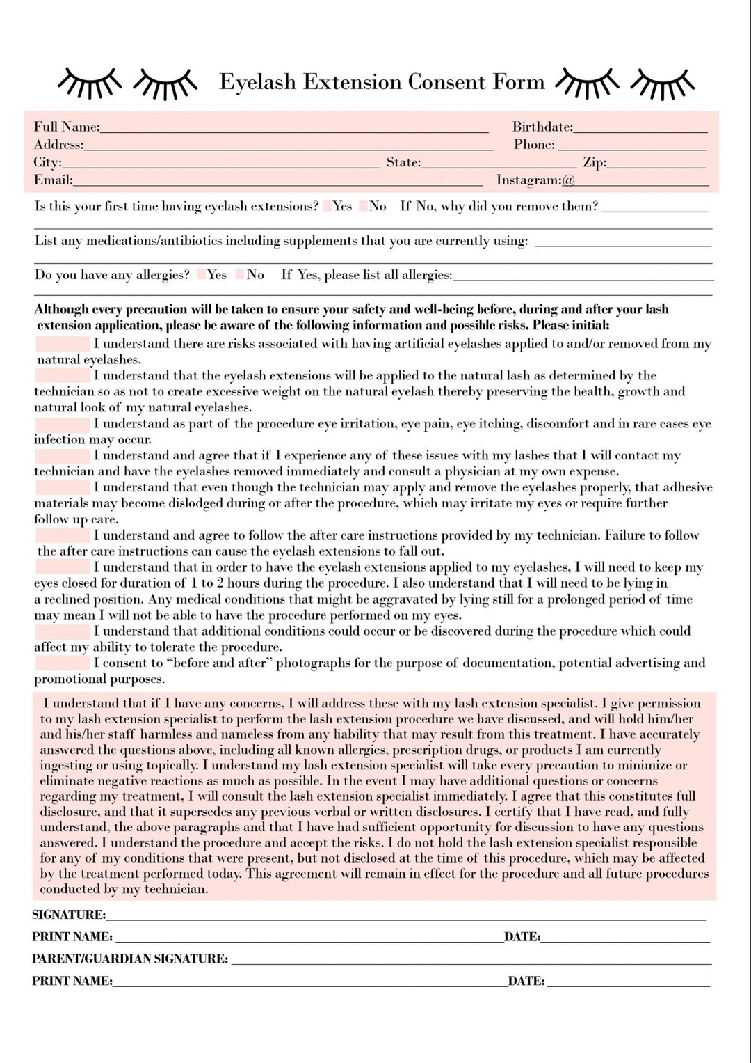 Eyelash Extension Consent Form | Lash Consent Form | Digital Eyelash ...