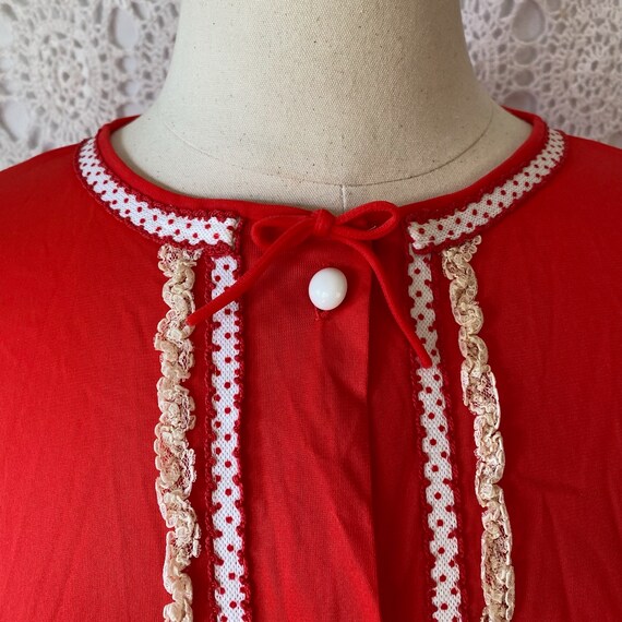 1970s Red Satin Lace Nightgown Robe - Polka Dot Trim … - Gem
