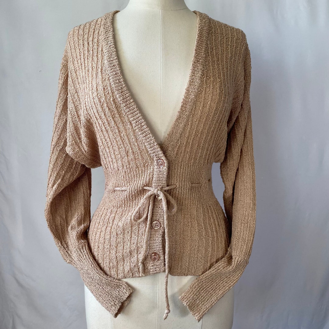 Vintage 1970s Tan Knit Cardigan - Balloon Sleeves Button up Cardigan ...