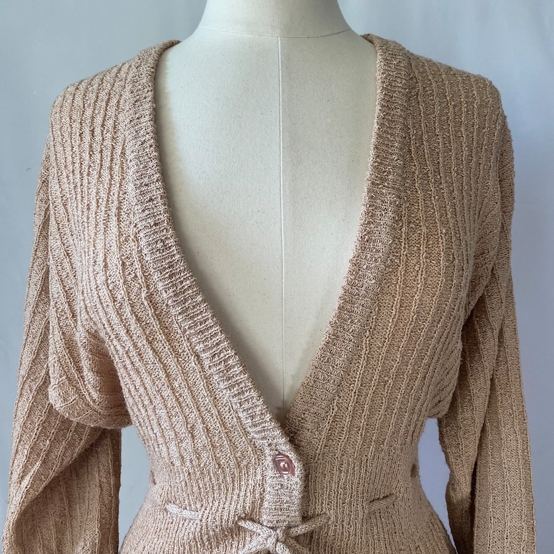 Vintage 1970s Tan Knit Cardigan Balloon Sleeves Button up Cardigan With ...