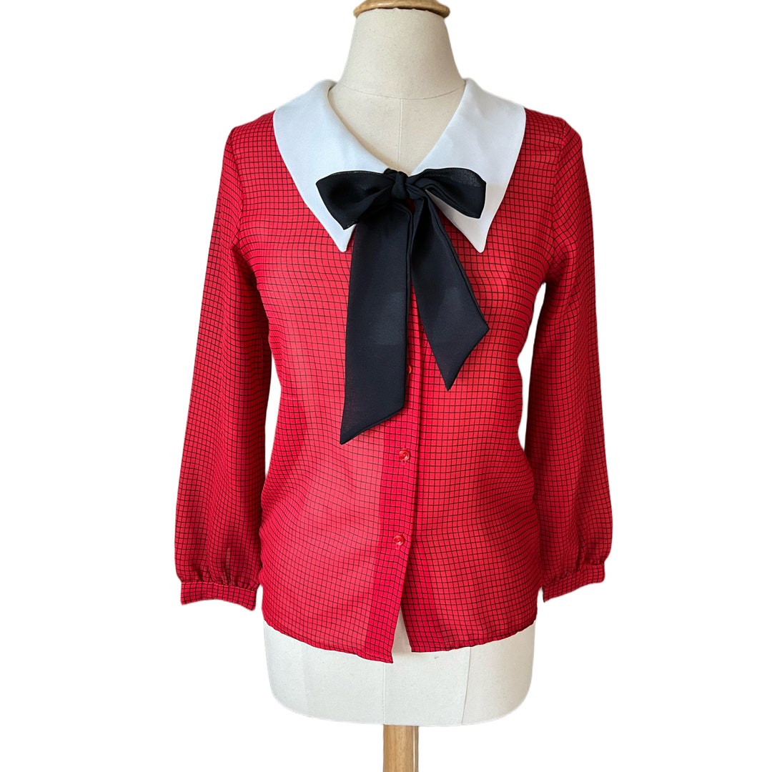Vintage 1980s Red Sheer Check Blouse With Tie Bow Collar Long Sleeve ...