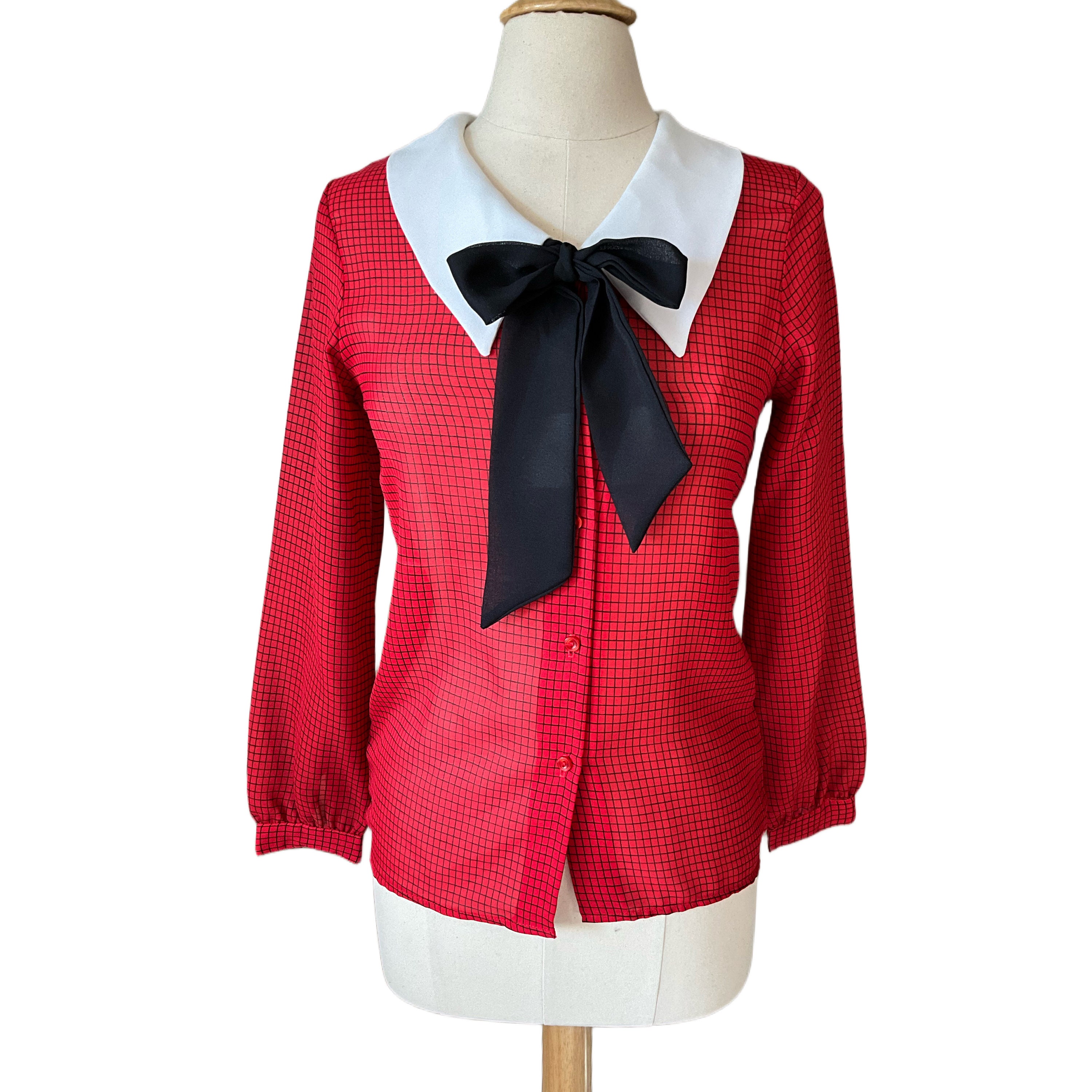Vintage 1980s Red Sheer Check Blouse With Tie Bow Collar Long Sleeve ...